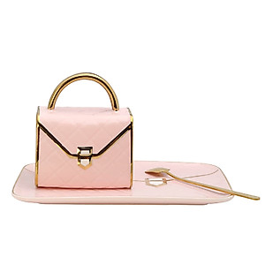 LISANEK Ceramic Coffee Mug with Saucer Set,Creative Cup Cute Handbag Shaped Mug and Saucer,10 oz/300 ml Coffee Tea Latte Milk Mugs for Home Office (Pink)