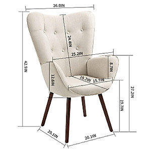 FurnitureR Armchair Living Room Chair, Velvet Upholstered Wingback Accent Chair, Tufted Vanity Chair High Back Solid Wood Legs Lounge Leisure Chair, Beige