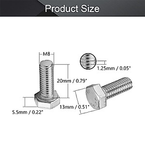 MroMax M8 Hex Bolt M8-1.25 x 20mm Hex Head Screw Bolts 316 Stainless Steel Fully Threaded Metric Hex Tap Bolts Silver 5Pcs