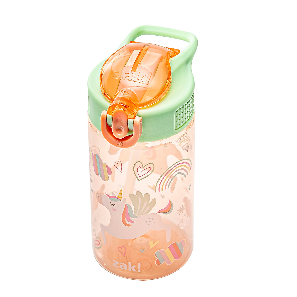 Zak Designs Kids Water Bottle For School or Travel, 16oz Durable Plastic Water Bottle With Straw, Handle, and Leak-Proof, Pop-Up Spout Cover (Unicorn)