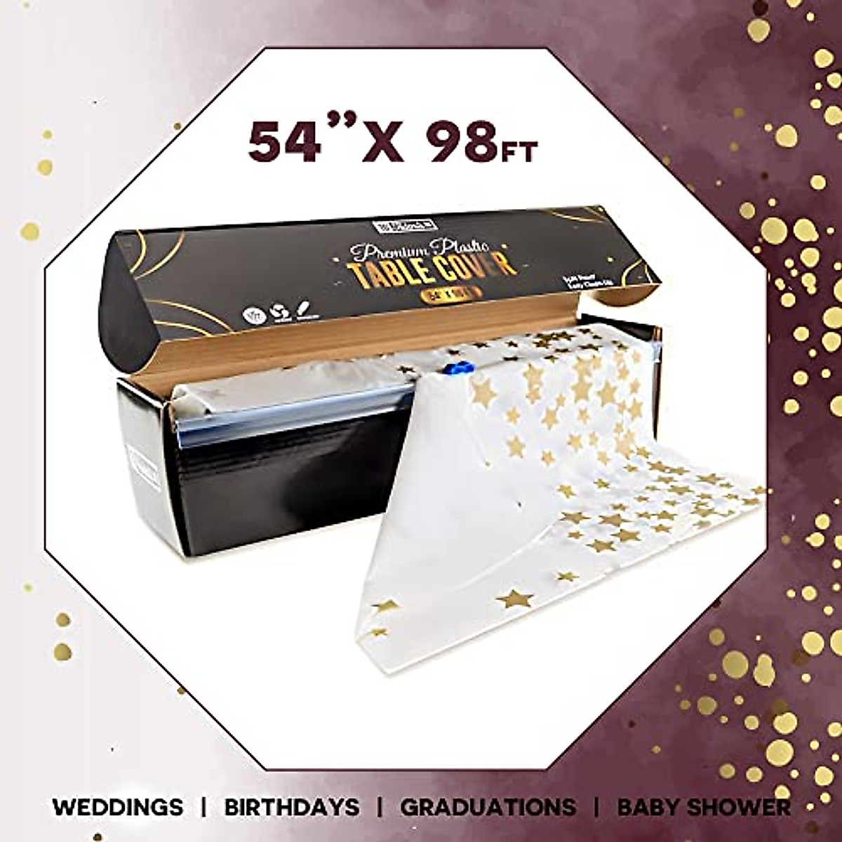 Plastic Gold Star Tablecloth Roll 54" x 98 ft Round Rectangle Square Tables Picnic Camping Party Table Cloths Disposable Tablecloths for Parties Birthdays Weddings Twinkle Little Stars Tables Cover