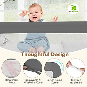 BABY JOY Bed Rails for Toddlers, 71'' Extra Long, Swing Down Bed Guard w/Safety Strap, Folding Baby Bedrail for Kids Twin, Double, Full Size Queen & King Mattress (71-Inch, Gray)