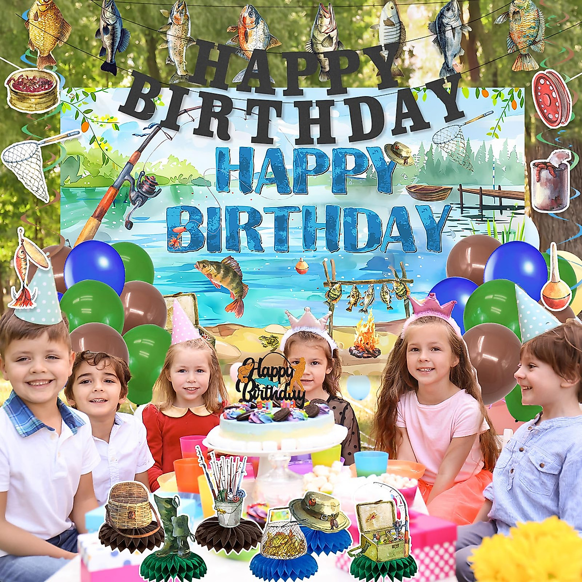 Roetyce Gone Fishing Birthday Decorations, 34PCS Fishing Birthday Banner Balloons Hanging Swirls Centerpieces Cake Topper Kit, Gone Fishin Happy Birthday Backdrop for Kids, Angler Birthday Party Decor