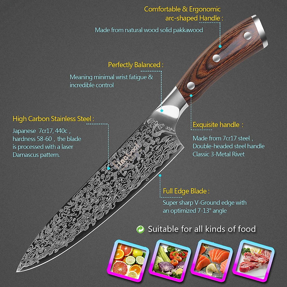 FineTool Kitchen Knife, 8 inch Professional Chef's Knives Japanese 7Cr17 Stainless Steel Vegetable Cleaver with pakkawood Wood, Sharpest Cooking Knives Best Choice for Home Kitchen and Restaurant