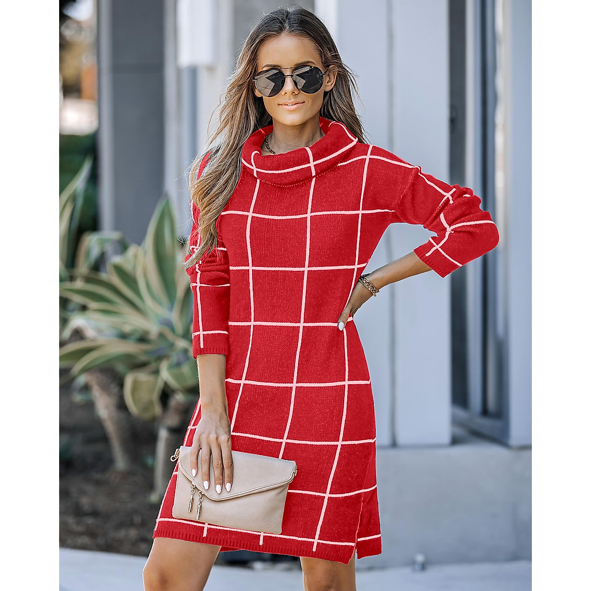 luvamia Women's Casual Turtleneck Knitted Sweater Long Sleeves Grid Warm Comfy Pullover Sweater Dress Womens Long Sleeve Dresses Christmas Dresses for Women Luscious Red Size Medium Size 8 Size 10