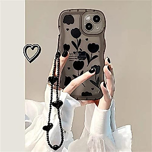 Fycyko Compatible for iPhone 14 Pro Max Case with Cute Simplicity Black Flowers Pattern Design Women Teen Girls Lens Protection Case for iPhone 14 Pro Max +Black Heart Chain