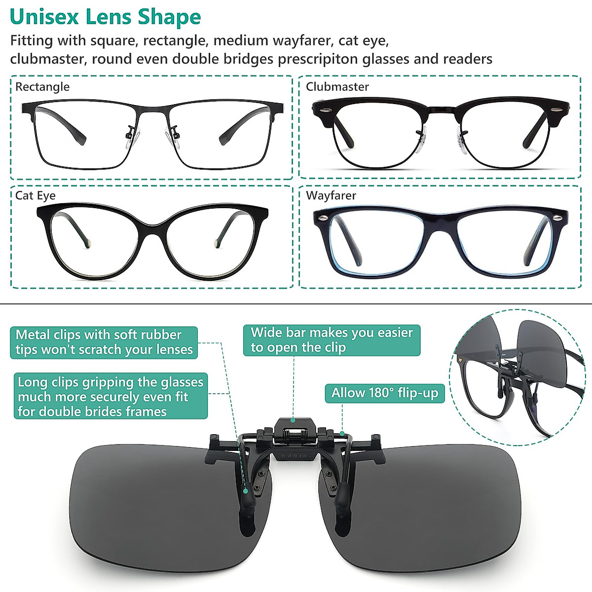 IOHLNG Polarized Clip on Flip Up Sunglasses Over Prescription and Reading Glasses for Women and Men Grey 60 * 44mm