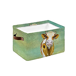 Storage Basket Vintage Cow With Sunflower Large Foldable Storage Bins with Handles Farmhouse Animal Painting Waterproof Fabric Laundry Baskets for Organizing Shelves Closet Toy Gifts Bedroom Home Decor