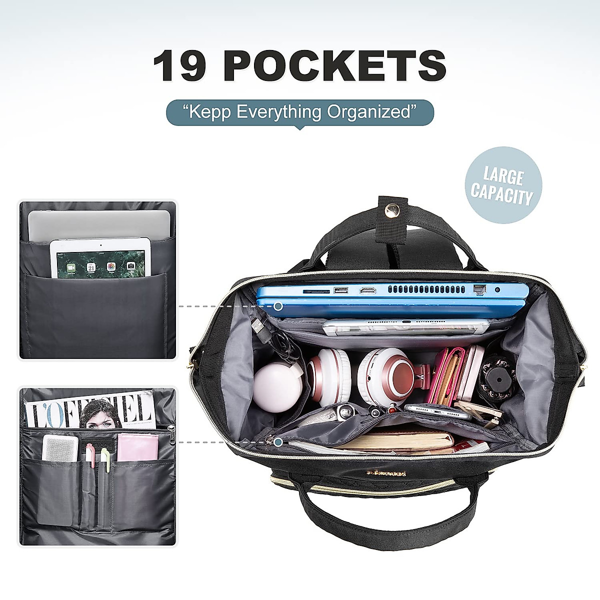 LOVEVOOK Laptop Backpack for Women, Quilted Fashion Business Computer Backpacks Travel Bags Purse Doctor Nurse Work Backpack with USB Port Fits 15.6-Inch Laptop, Black