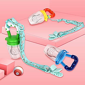 Food Feeder Baby Fruit Feeder Pacifier (3 Pcs) with 6 Different Sized Silicone Pacifiers 2 PCS Silicone Baby Food Dispensing Spoon 90ML with 2 Baby Spoons Pacifier Clip Infant Fruit Teething Toy -Blue