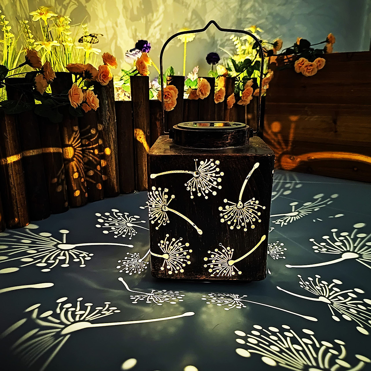 Elfengarden 36 Inch Solar Lantern with Shepherd Hooks - Metal Lanterns Decorative Warm White LED Light - Waterproof Powered Hanging for Patio Garden Pathway [Dandelion-B]