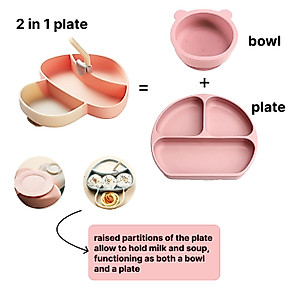 AHOTA Silicone Suction Plate for Toddlers, Spoon, Fork, Baby Eating Essentials, Toddler plate and Utensils Set(Silicone Baby Feeding Set - Pink Mushroom)