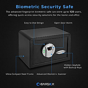 Barska AX11620 Biometric Fingerprint Mini Security Home Safe Box 0.29 Cubic Ft, Black, 12" x 8" x 7.75"