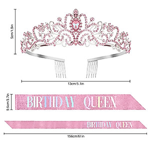 Pink Tiara Sash Gifts for Women's Birthday - Rhinestone Crystal Headband Princess Queen Crown Accessories