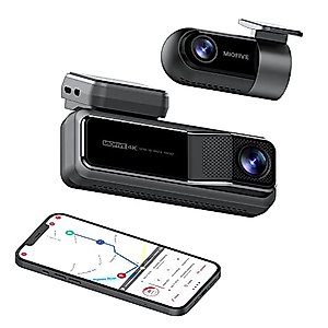 Miofive Front and Rear Dash Camera, 4K + 2K Dual Dash Cam with 5G WiFi, GPS, Speed, 2160 UHD Recorder, Built-in 128G eMMC Storage, Night Vision, Motion Detection, G Sensor Powered by Super Capacitor