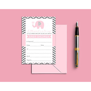 Paper Clever Party Pink Elephant Baby Shower Invitations and Envelopes (15 Pack) Baby Girls Invites for Sprinkle DIY, Cute Printed Card Set with Jungle Theme, 4x6