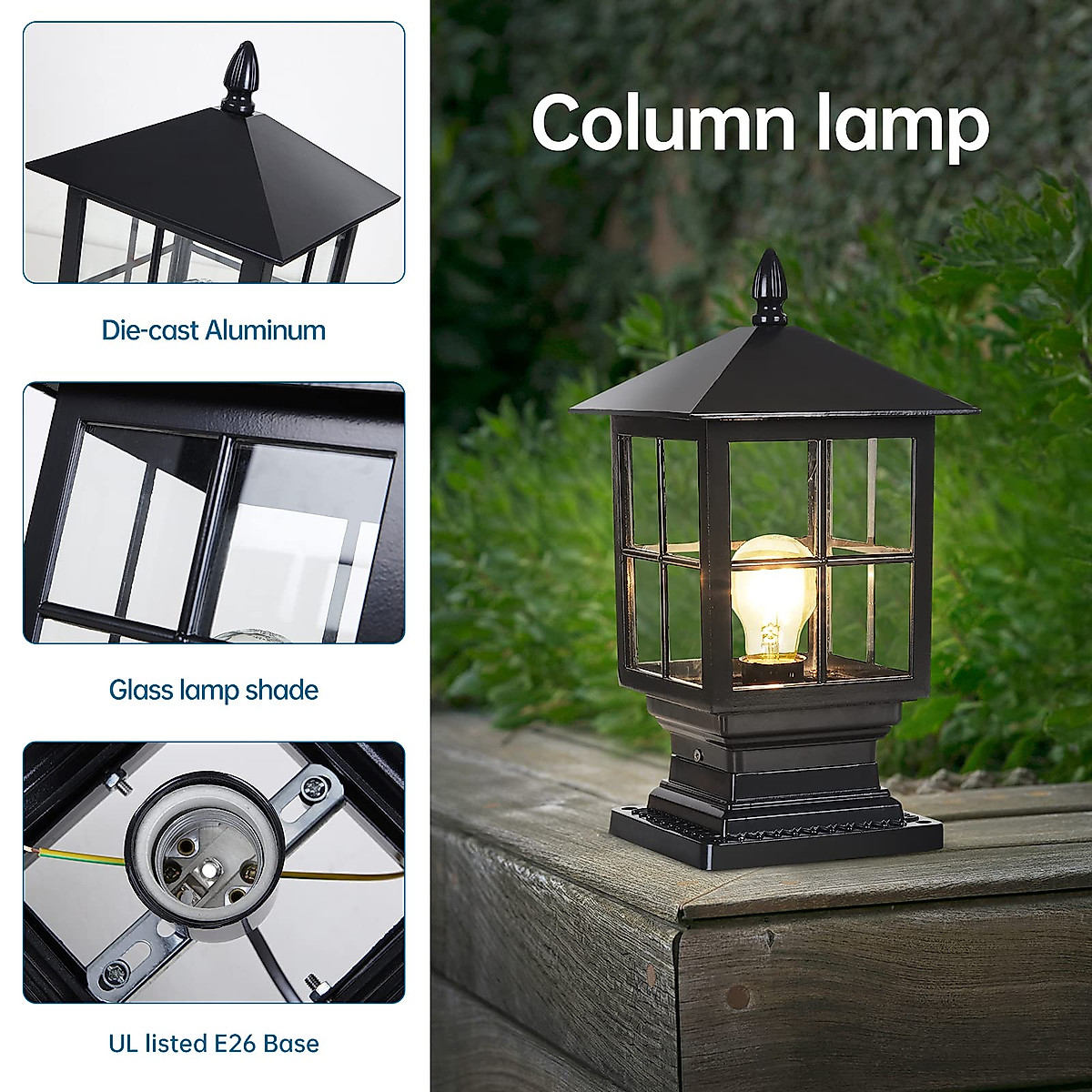 SLAWA Outdoor Post Light Fixture, Modern Outdoor Column Lights IP54 Waterproof Aluminum Pillar Lights Outdoor Lighting for Yard Garden Patio Path, with Clear Glass Shade