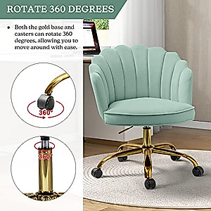 HULALAHOME Velvet Home Office Chair with Gold Base, Womans Modern Cute Shell Back Upholstered Desk Chair for Vanity, Adjustable Swivel Task Chair for Living Room,【SAGE Chair for Desk】