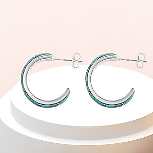 Shop LC Santa Fe Style 925 Sterling Silver Turquoise J- Hoop Earrings Engagement Women Boho Western Birthday Gifts for Women