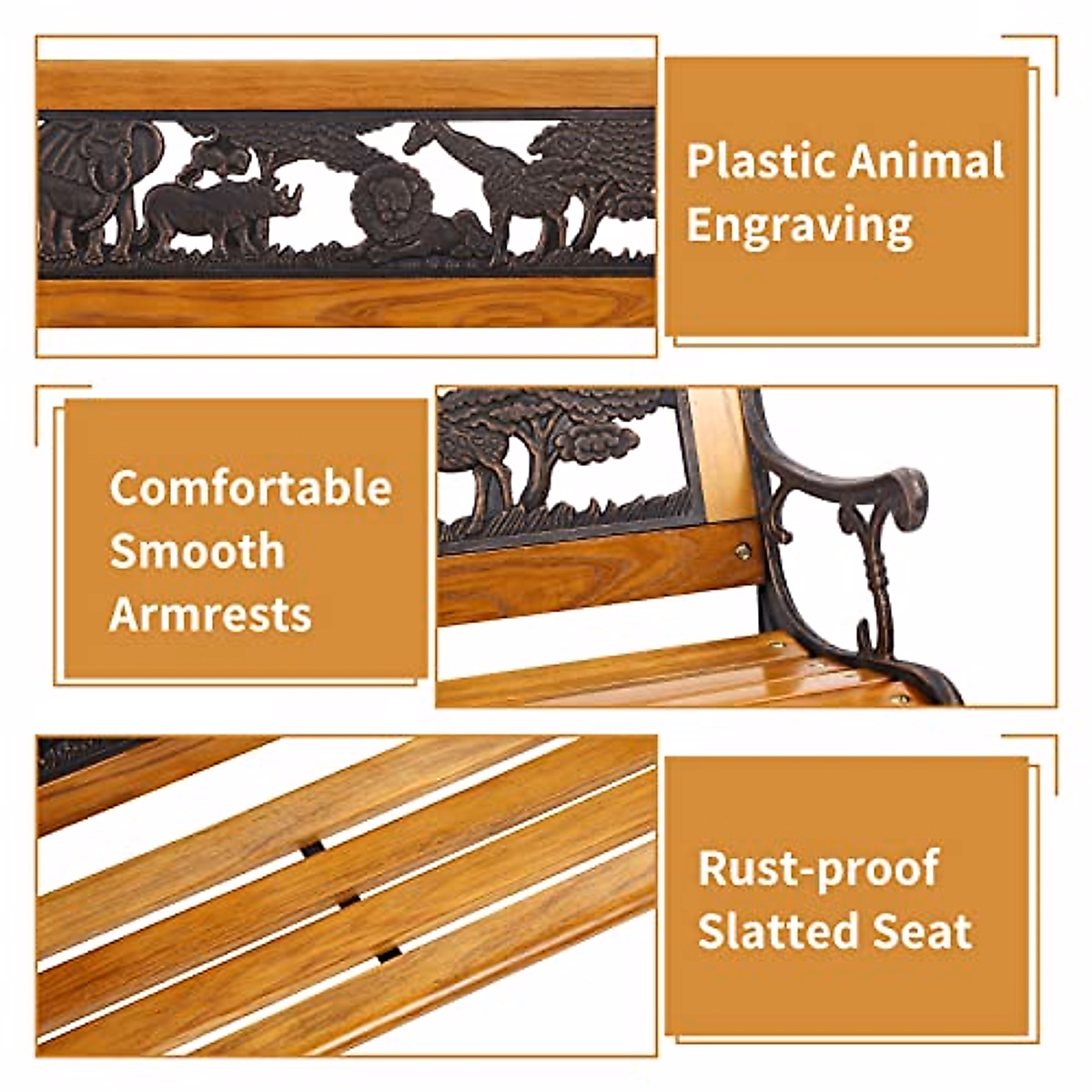 YRLLENSDAN Metal Patio Bench for Kid, 32in Wood Small Outdoor Bench Clearance Cute Children Bench Outside Bench Animals Back Garden Bench for Porch Lawn- Bronze