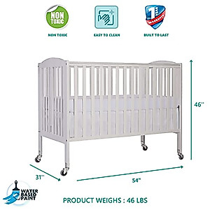 Dream On Me Folding Full Size Convenience Crib In White, Two Adjustable Mattress Height Positions, Comes With Heavy Duty Locking Wheels, Flat Folding Crib