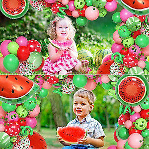 Ouddy Party 140PCS Watermelon Party Decorations Balloon Arch Garland Kit - Red Green Polka Dot Watermelon Balloons Watermelon Vines for Baby Shower Birthday Summer One in a Melon Party Decorations