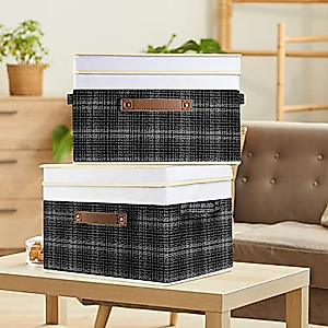 TYEERS Collapsible Storage Bins with Lids, Patchwork Design, Washable, Fabric Decorative Storage Boxes for Organizing, 14.9x9.8x9.8 inches, 3 Pack, Black