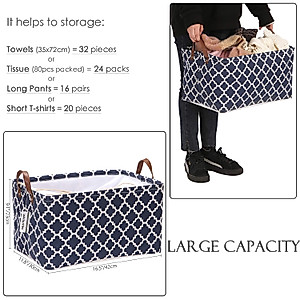 Sea Team Moroccan Lattice Pattern Canvas Fabric Storage Basket Collapsible Geometric Design Storage Bin with Drawstring Cover and PU Leather Handles, 16.5 by 11.8 inches, Waterproof Inner, Dark Blue