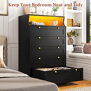 EnHomee 5 Drawer Dresser with LED, Black Dresser for Bedroom, Bedroom Dressers & Chests of Drawers, Tall Dresser with Deep Drawers for Bedroom Hallway Closet