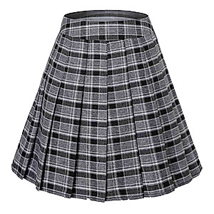 Hoerev Black Grey Plaid Pleated Skater Tennis School Uniform Skirt with Lining Shorts for Women Girls,US 4