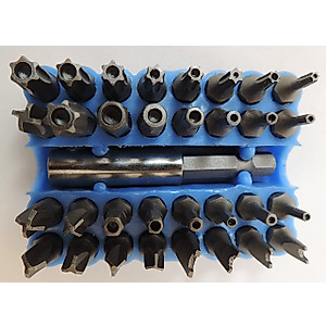32 Bit Set 1/4" Hex Drive Tamper Proof Torx, Spanner, Large Tri-Point, Tri-Wing, Security Hex, Screwdriver Tips Plus Extension Holder, closeout.