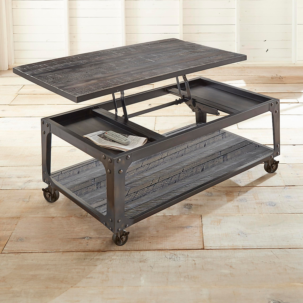 Steve Silver Sherlock Lift Top Tblw/Casters Cocktail Tables, 48" L x 28" W x 18-26" H, Hardwood Solids with an Iron Framed Base