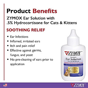 Zymox Enzymatic Ear Solution with 0.5% Hydrocortisone for Cats & Kittens, 1.25 oz. – Cleans & Refreshes Ear Canal for Relief from Ear Wax, Dirt Buildup, Itchiness, Irritation, Inflammation & Redness