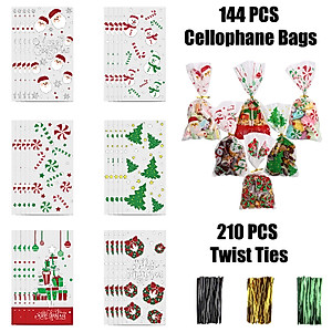 STEFORD 144PCS Christmas Cellophane Bags,Xmas Clear Candy Treat Cellophane Bag with 210PCS Twist Ties for Christmas Party Favors