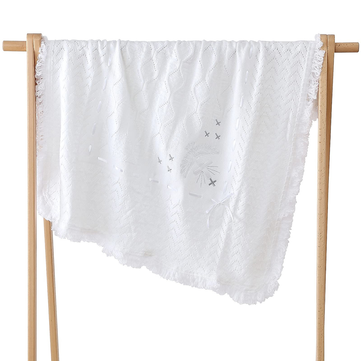 Booulfi Baby Christening Blanket Newborn Unisex Baptism White Baby Blanket Shawl Knitted Baptism Blankets for Babies