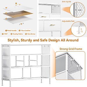 YILQQPER White Dresser for Bedroom Dresser, TV Stand with 6 Drawers, Bedroom Dresser with Power Outlets and LED Light, Fabric Dressers & Chests of Drawers with Shelves, Side Pockets & Hooks for 45" TV