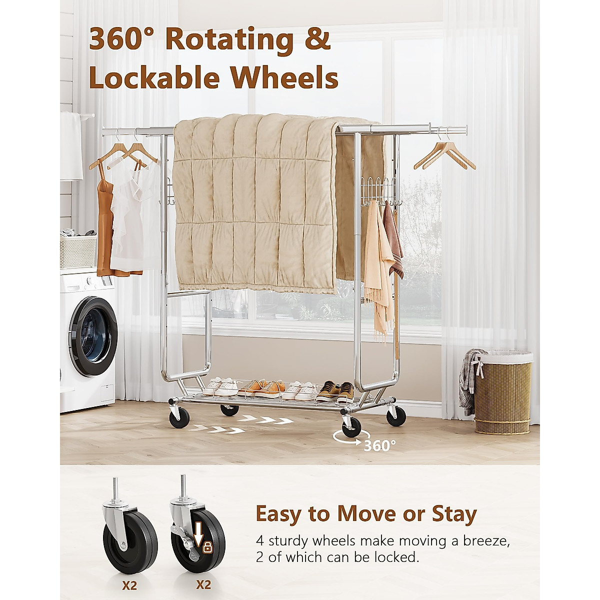 Hoctieon 2-Minute Assembly Double Rod Clothes Rack, Heavy Duty Rolling Clothing Racks with Wheels, Foldable Commercial Garment Rack, Extendable Hanging Bar, Adjustable Metal Pole with Hooks, Chrome