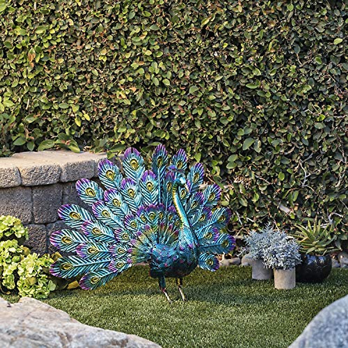Alpine Corporation JUM232 Metal Peacock Outdoor Statue, 32" L x 12" W x 23" H, Multi-Color