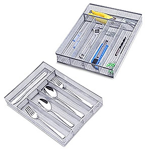 WuGeShop Desk Drawer Organizer Tray 5 Compartments, Metal Mesh Desk Drawer Storage Tray with Non-slip Mats for Office, Bathroom, Kitchen, Silver