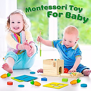 5-in-1 Wooden Play Kit Montessori Toy - Object Permanence Box, Coin Box, Carrot Harvest, Catch Worm, Shape Sorter - Toddler Learning Toy for Kid Age 1, 2, 3 Year Old, Girl boy Gift for Baby 6-12 Month
