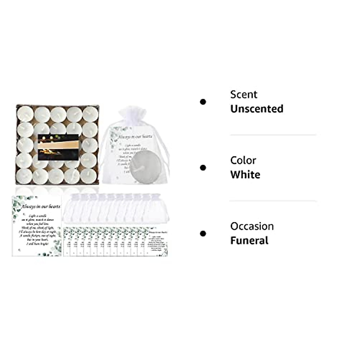 Coume 50 Set Funeral Favors Memorial Tealight Candles Unscented White Candles Funeral Gift Candles with Condolence Bereavement Cards and Organza Bags for Guest Furneral Party (Artsy)