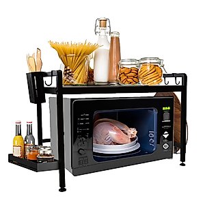 Adjustable Microwave Shelf with Spice Rack, Utensil Holder, Cutting Board Holder and Hooks – Kitchen Microwave Stand, Countertop Organizer, Above Fridge Storage, Holds 25kg, Durable Metal
