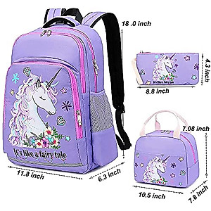 BTOOP Girls Backpack Kids Elementary Bookbag Girly School Bag with Insulated Lunch Tote and Pencil Pouch (Purple -3pcs)