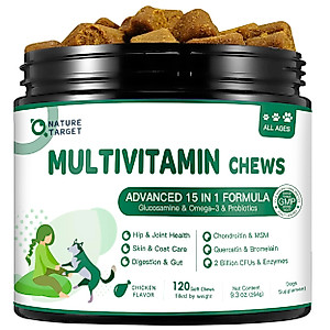 Dog Multivitamin - Multivitamin for Dogs - with MSM & Glucosamine, Omegas 3 & 6, Probiotics for Digestive Health, Joint Support, Skin & Coat, Immune System & Overall Health – 120 Soft Chews