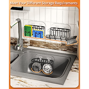 SWTYMIKI Sponge Holder for Kitchen Sink with Double Hook, Stainless Steel Kitchen Sink Caddy Multifunctional Kitchen Sink Organizer with Strong Adhesive for Sponge, Brush, Sink Stopper, Black