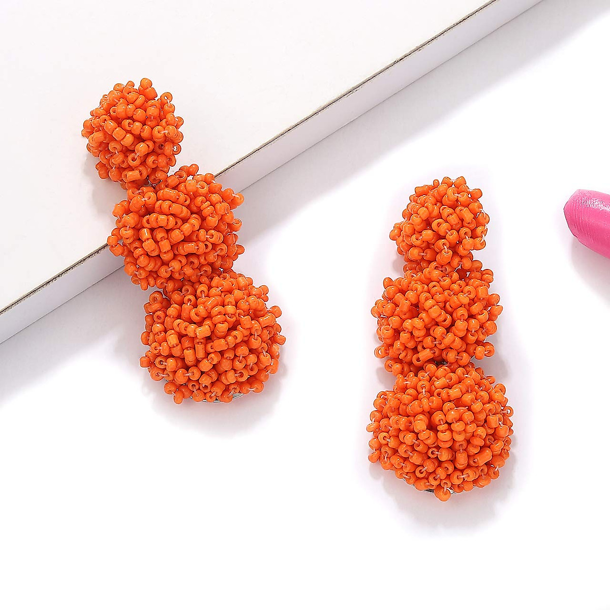 Statement Beaded Earrings Bohemian Handmade Layered Drop Dangle Earring Long Triple Acrylic Seed Bead Stud Earring for Women (Orange)