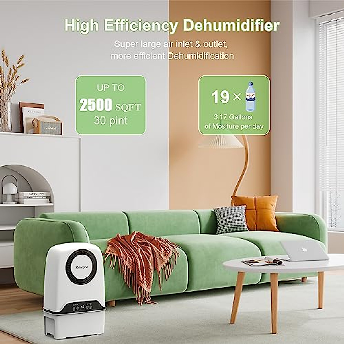Dehumidifier for Home, RUWORA Dehumidifiers for Bedroom, 30 Pint 2500 Sq.Ft , Water Tank 1.06 Gallon, Dehumidifiers for Basement Bathroom Closet, Overflow Protection, 24H Timer