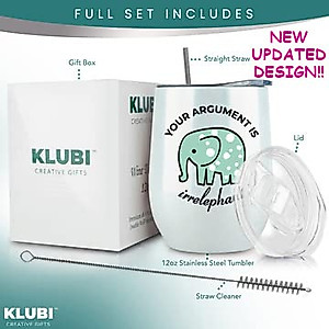 KLUBI Elephant Gifts Your Argument is Irrelephant - White Glitter Tumbler/Mug for Wine, Coffee and All Drinks - Funny Gifts for Her, Him, Lovers, Women, Stuff, Decor