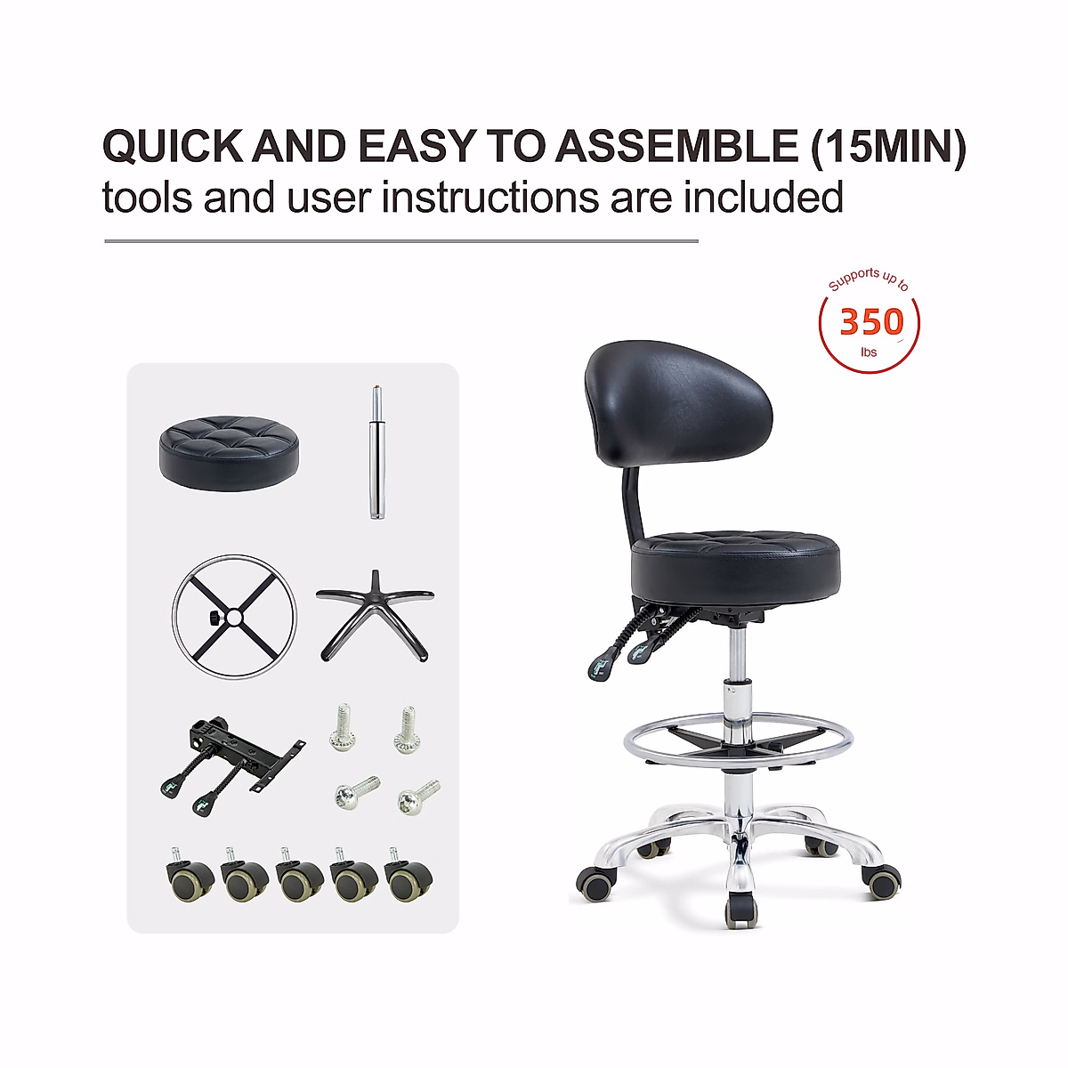 Grace & Grace Height Adjustable Rolling Swivel Tall Stool Chair with Back Support,Heavy Duty Stool with Wheels for Salon,Massage, Factory, Shop,Work (Black,with Back Support)