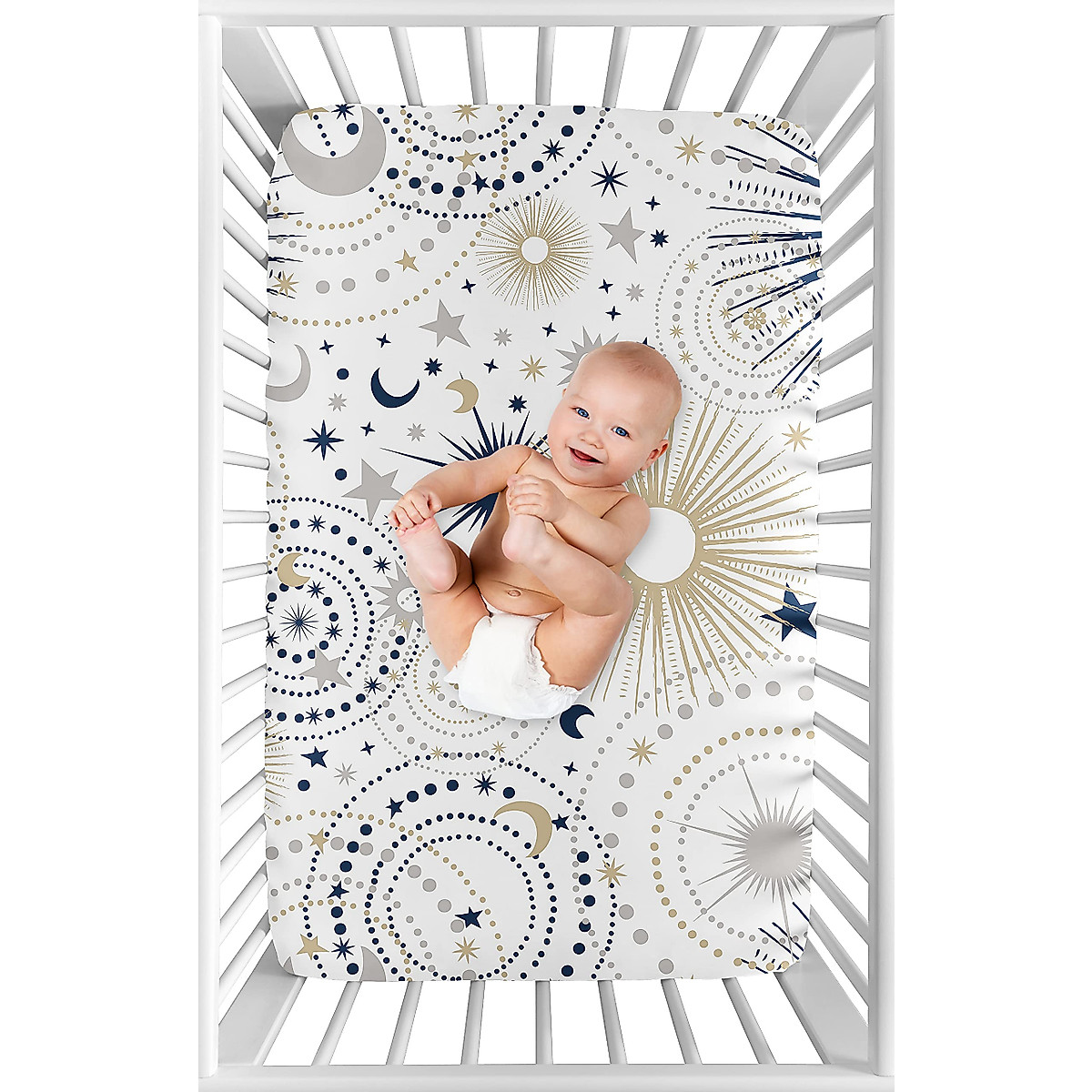 Sweet Jojo Designs Star and Moon Boy or Girl Fitted Mini Crib Sheet Baby Nursery for Portable Crib or Pack and Play - Navy Blue, Gold, and Grey Celestial Sky Stars Gender Neutral Unisex